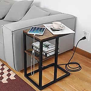 Yoobure C Shaped End Table with Charging Station, Small Side Tables for Living Room, Bedroom, Sofa Table with USB Ports and Outlets for Small Spaces, C Couch Table Rustic Snack Table Bed Side Table
