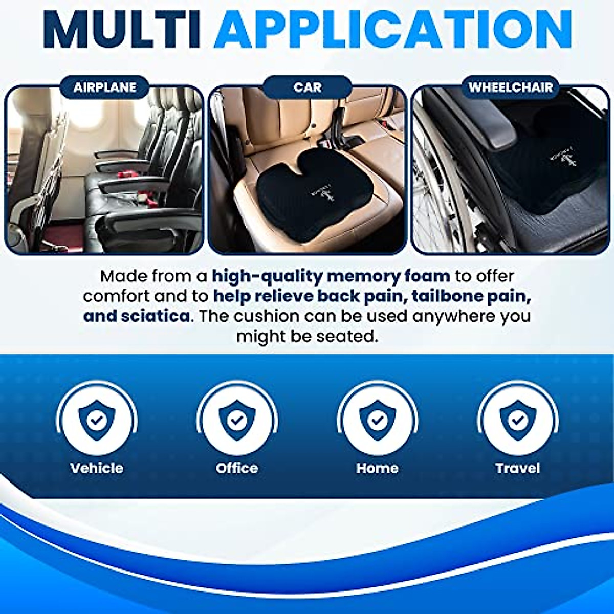 J Anchor Seat Cushion, Cool Gel Memory Foam with Carry Bag, Ergonomic, Office Chair, Car, Airplane, Wheelchair, Orthopedic Pillow for Tailbone, Lower Back, Coccyx, Sciatica, Lumbar Pain Relief