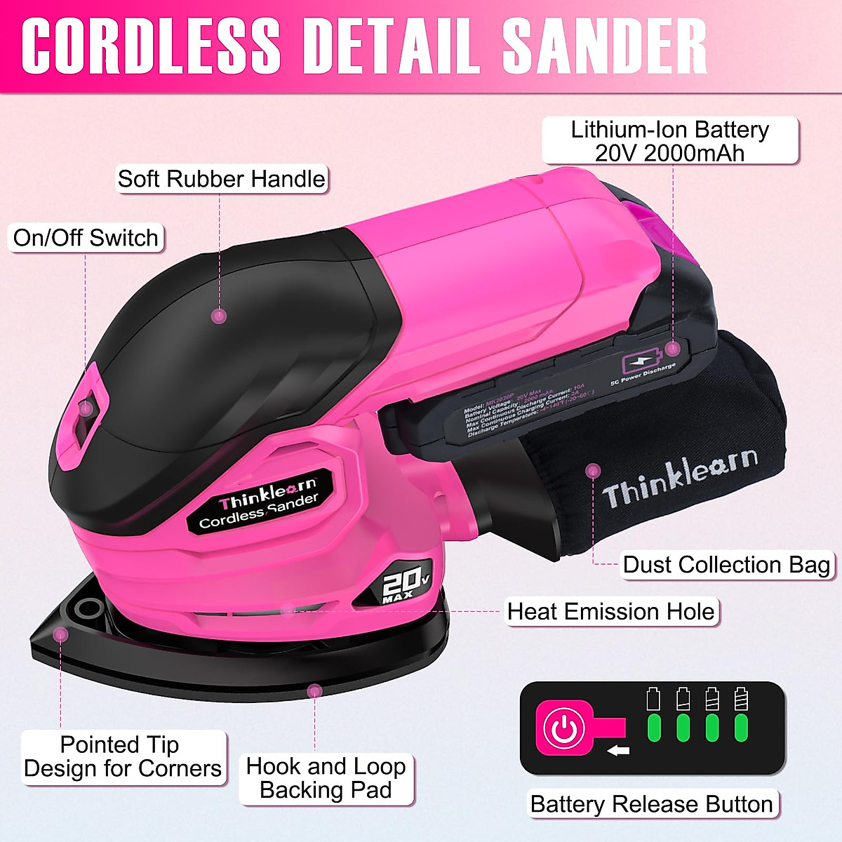 Cordless Detail Sander - 20V Electric Hand Sander with 22Pcs Sandpapers, 12000 RPM Mouse Sander with Dust Bag, Compact Palm Sander Tool for Tight Spaces Woodworking, 2.0Ah Battery and Charger Included