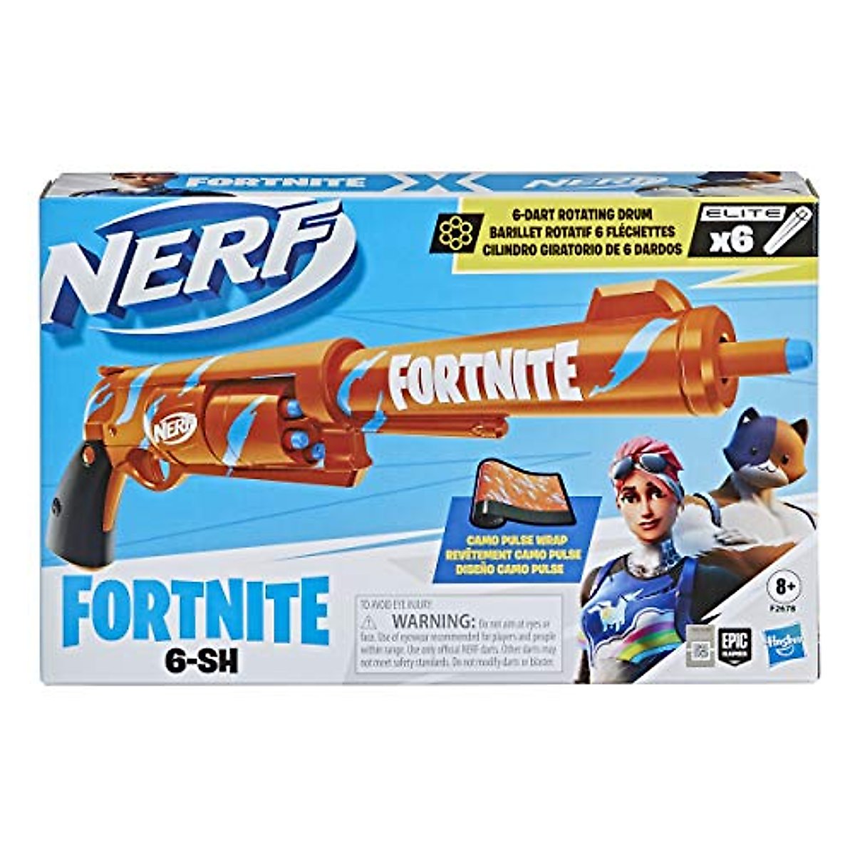 NERF Fortnite 6-SH Dart Blaster - Camo Pulse Wrap, Hammer Action Priming, 6-Dart Rotating Drum, Includes 6 Official Elite Darts