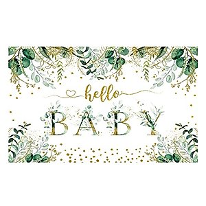 Allenjoy Greenery Hello Baby Theme Backdrop for Jungle Safari Woodland Birthday Decor Gender Neutral Welcome Oh Sweet Baby Boy Girl Party Supplies Decorations Banner