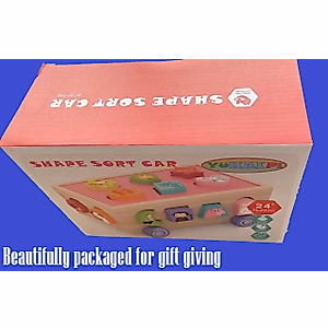 YUHAIPI Shape Sorter Car,Solid Wood,18 Building Blocks with Animal & Numbers Photos,Best Game for Hand-Eye Coordination &Thinktraining,Great Gift for 2-3-4 Years Old Boys and Girls.