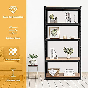 Tangkula Metal Storage Shelves, Heavy Duty Steel 5 Tier Utility Shelves with Adjustable Shelves, Bolt-Free Assembly, High Weight Capacity, Garage Organization Storage Rack, 36"Lx16''Wx72"H (1, Black)