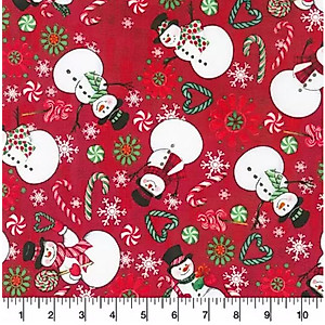Red Sweet Christmas Snowmen Precut Durable Soft Hand Cotton Fabric by The Yard - One Yard
