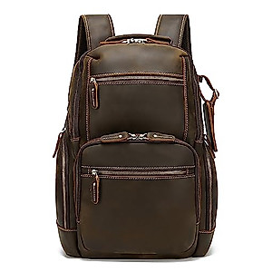 LANNSYNE Vintage Full Grain Genuine Leather Backpack For Men, fits 16" Laptop Travel Hiking Bag Camping Rucksack Brown
