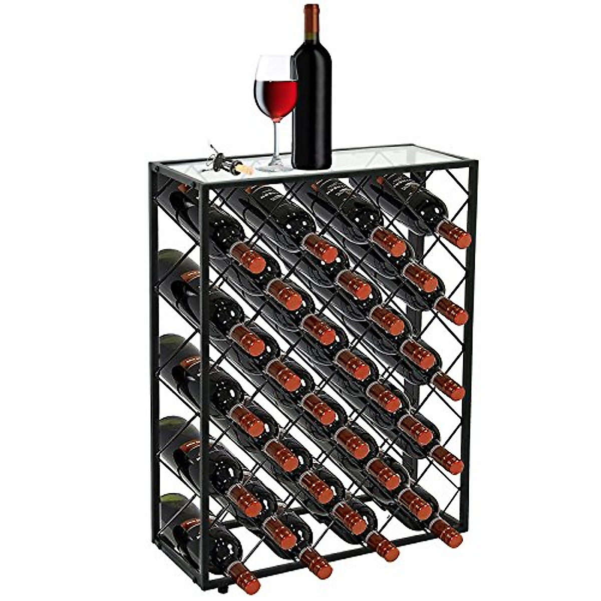 Smartxchoices 32 Bottle Wine Rack Table Heavy Duty Glass Finish Top Free Standing Floor Metal Wine Bottle Holder Storage Organizer Display Shelf Wobble-Free