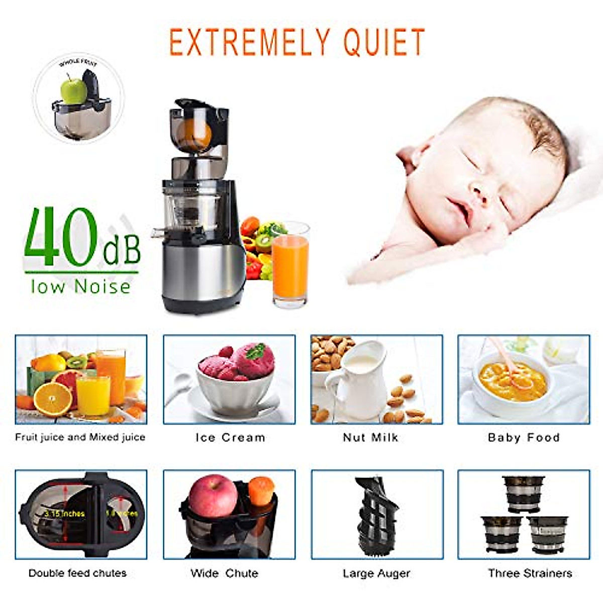 Masticating Juicer,Whole Slow Juicer Extractor by Vitalisci,Cold Press Juicer Machine,Anti-Oxidation for Fruit and Vegetable,Easy to Clean and BPA Free,(300W AC Motor/3.15" Wide Chute/40 RPMs)-Silver