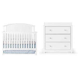 Child Craft Cottage Curve Crib and Dresser Nursery Set, 3-Piece, Includes 4-in-1 Convertible Crib, 3 Drawer Dresser, and Changing Table Topper, Grows with Your Baby (Matte White)