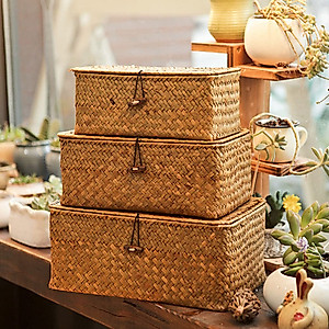 Storage Baskets for Shelves Seagrass Storage Bins with Lid Rectangular Woven Wicker Basket Rattan Storage Container Organizer for Home Shelf Size L Wicker Baskets