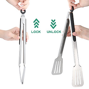 Lebabo Metal Tongs for Cooking, Set of 2 Stainless Steel Spatula Tongs for Grilling, Cooking and Flipping, Strong Grip for Ribs, Steak and Fish, Comfortable Grip, Easy Pull Lock, 9 inch & 12 inch
