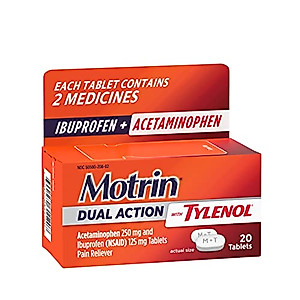 Motrin Dual Action with Tylenol, Dual Action Pain Reliever with Ibuprofen & Acetaminophen, Two Medicines for Minor Aches & Pains, Ibuprofen (NSAID) 125 mg & Acetaminophen 250 mg, 20 ct