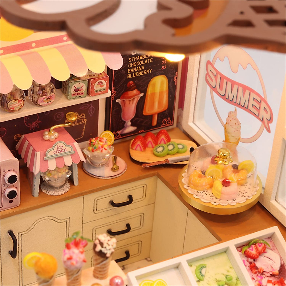 Flever Dollhouse Miniature DIY House Kit Creative Room with Furniture for Romantic Valentine's Gift (Happiness ice Cream Shop)