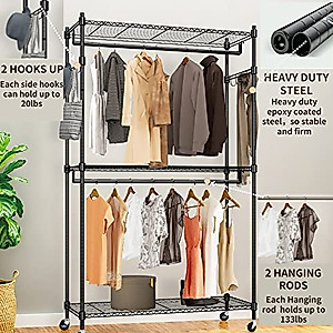 Himimi Heavy Duty Rolling Garment Rack 3 Tier Wire Shelving Clothes Rack for Clothing,Storage with Double Rods,Lockable Wheels and Side Hooks,Freestanding Metal Wardrobe Storage Rack,Black