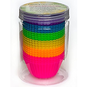 Pantry Elements Silicone Baking Muffin cups with Bonus Gift Storage Jar, 24 Pack, Heavy Duty, Reusable Non-stick, BPA Free Molds, The Original Rainbow Vibrant Silicone Cupcake Liners