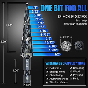 M35 Four Spiral Flute Step Drill Bit Set 1/8"-1/2" （13 Sizes ）,1/4" Hex Shank Drill, Impact Resistant M35HSS Unit Stepper bit, for Stainless Steel, Wood, Aluminum, Plastic