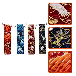 Cabilock Straw Purse 4Pcs Japanese Wave Silverware Holder Chopstick Sleeve Cutlery Pouch Drawsrtings Storage Bag Knife Fork Covers for Fans Tableware Party Favors Hand Fan Protector Pouch