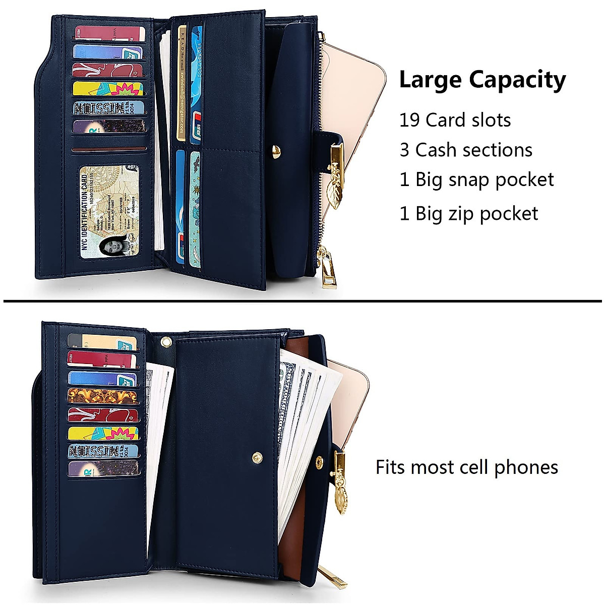 YALUXE Women's Leather Zipper Wallet RFID Blocking Multi Card Holder with Cellphone Pocket Large Capacity