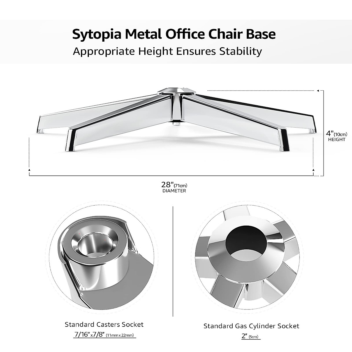 Sytopia Office Chair Base, 28'' Desk Chair Base Replacement with Reinforced Metal Legs (2300Lbs), Chair Bottom Part for Most Chairs, Universal Gas Cylinder and Caster Sockets, Sliver