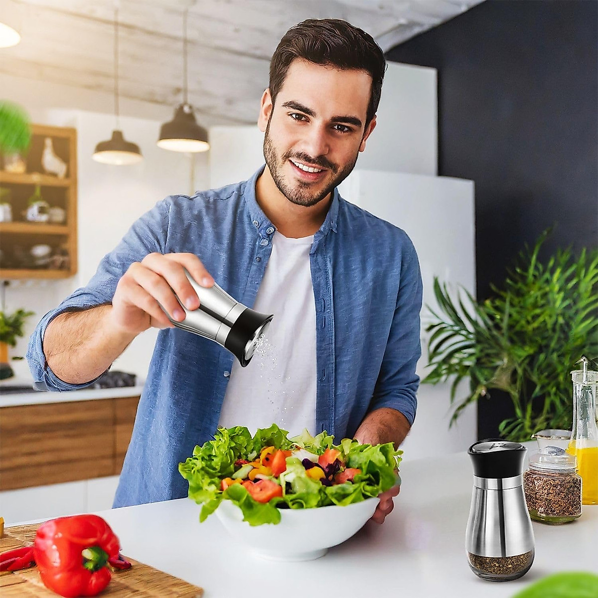 Flexzion Modern Salt and Pepper Shakers Set, Glass Canister Dispenser with Stainless Steel Sleeve and Black Lid for Spices, Sea/Kosher/Himalayan Salts and Pepper - Silver (Set of 2)