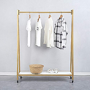 OLDRAINBOW Clothing Racks with Wood Shelves 59in,Retail Rolling Display Rack with Wheels,Commercial Clothes Racks for Hanging Clothes,Metal Garment Rack(Gold)