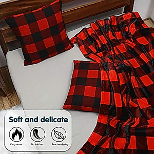 60 x 80 Inches Buffalo Plaid Throw Blanket, Flannel Fleece Throw Blanket, Checkered Soft Blankets with 2 Pieces 18 x 18 Inches Pillow Covers for Christmas Home Decor (Red and Black Plaid)