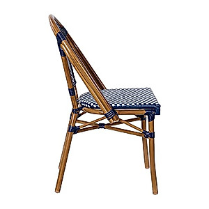 Flash Furniture Bordeaux Set of 2 Indoor/Outdoor Commercial Bistro Stack Chairs - Navy/White PE Rattan Back and Seat - Natural Bamboo Print Aluminum Frame