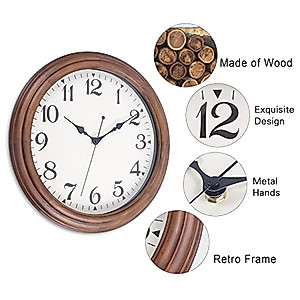 Vigorwise 14 Inch Wooden Wall Clock, Retro Wood Wall Clocks Battery Operated, Large Silent Sweep Movement Accurate Wall Clock for Living Room Bedroom Housewarming Present