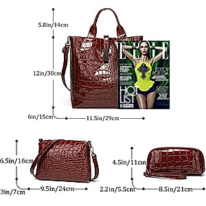 ZiMing Women Handbags and Purses Set Glossy Crocodile Pattern Leather Tote Bags Cross-body Bag Satchel Handbag Wallet Wristlets Bag 3 Pcs -Brown