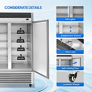 ROVSUN 54"W Commercial Freezer Reach in Freezer ETL NSF Certified, 49 Cu.Ft Upright Freezer Stainless Steel w/ 2 Door Auto Defrosting LED Light Adjustable Shelves for Restaurant Cafe Garage