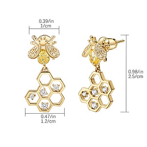 Emibele Dangle Earrings, 925 Sterling Silver Needle Cubic Zirconia Brass Small Bee & Honeycomb Drop Earrings for Women Ladies Adult Fashion Jewelry Accessories - Champagne Gold