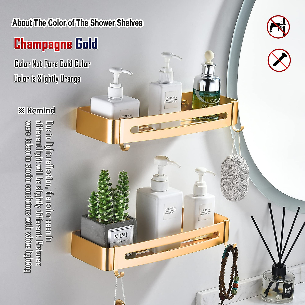 maifey Shower Caddy No Drilling, Champagne Gold Bathroom Wall Shelf Shower Shelves with Hooks, Metal Bathroom Shelf Organizer for Shampoo, Rust Proof (2 Tiers)