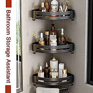 LamChyar Corner Shower Caddy, 3 Tiers Shower Organizer, Aluminium Shower Shelfs with 10 Removable Hooks and Towel Bar, No-Drilling Wall Adhesive Installation(Black)
