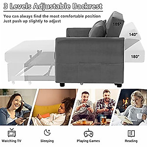 Gynsseh Loveseat Couch Pull Out Bed, 3 in 1 Convertible Sleeper Sofa Bed with Pillows and Storage Pocket, Soft Velvet Love Seat Lounge Sofa Bed Couch for Living Room, Gray