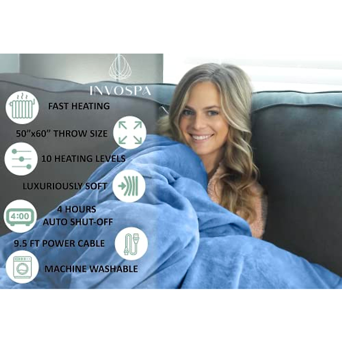 Electric Throw Heated Blanket - 50" x 60" Blue Fast Heating Blanket, 10 Heat Levels, 4 Hours Auto Shut-Off - Electric Blanket Throw Portable Heated Lap Pad - Machine Washable Heated Throw Gift…