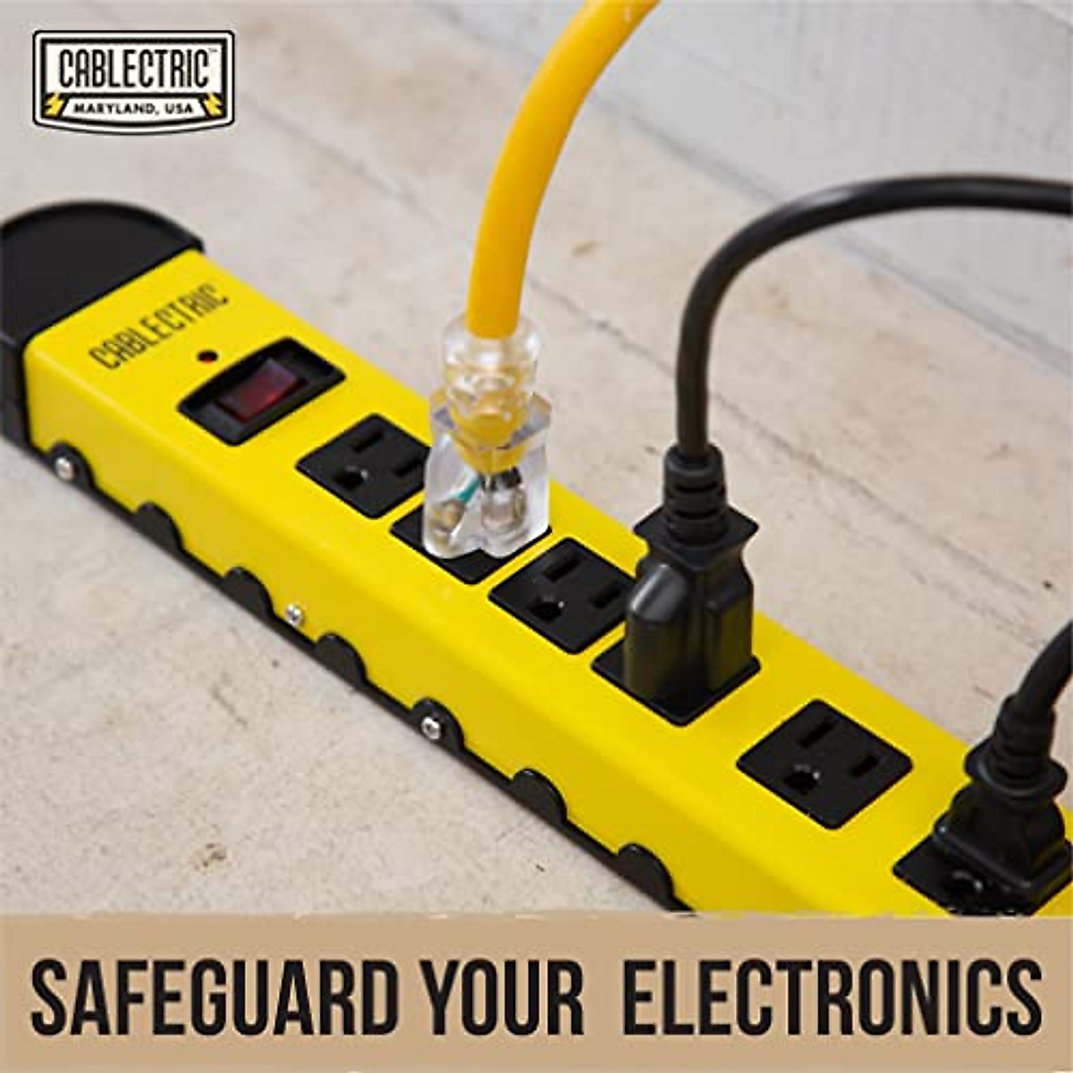 Cablectric Heavy Duty Power Strip Surge Protector for Appliances with 9 Ft Long Extension Cord 14 AWG, 6 Outlets Workshop Power Strip with 1200 Joules Surge, Wide Spaced Metal Power Strip 15 Amp