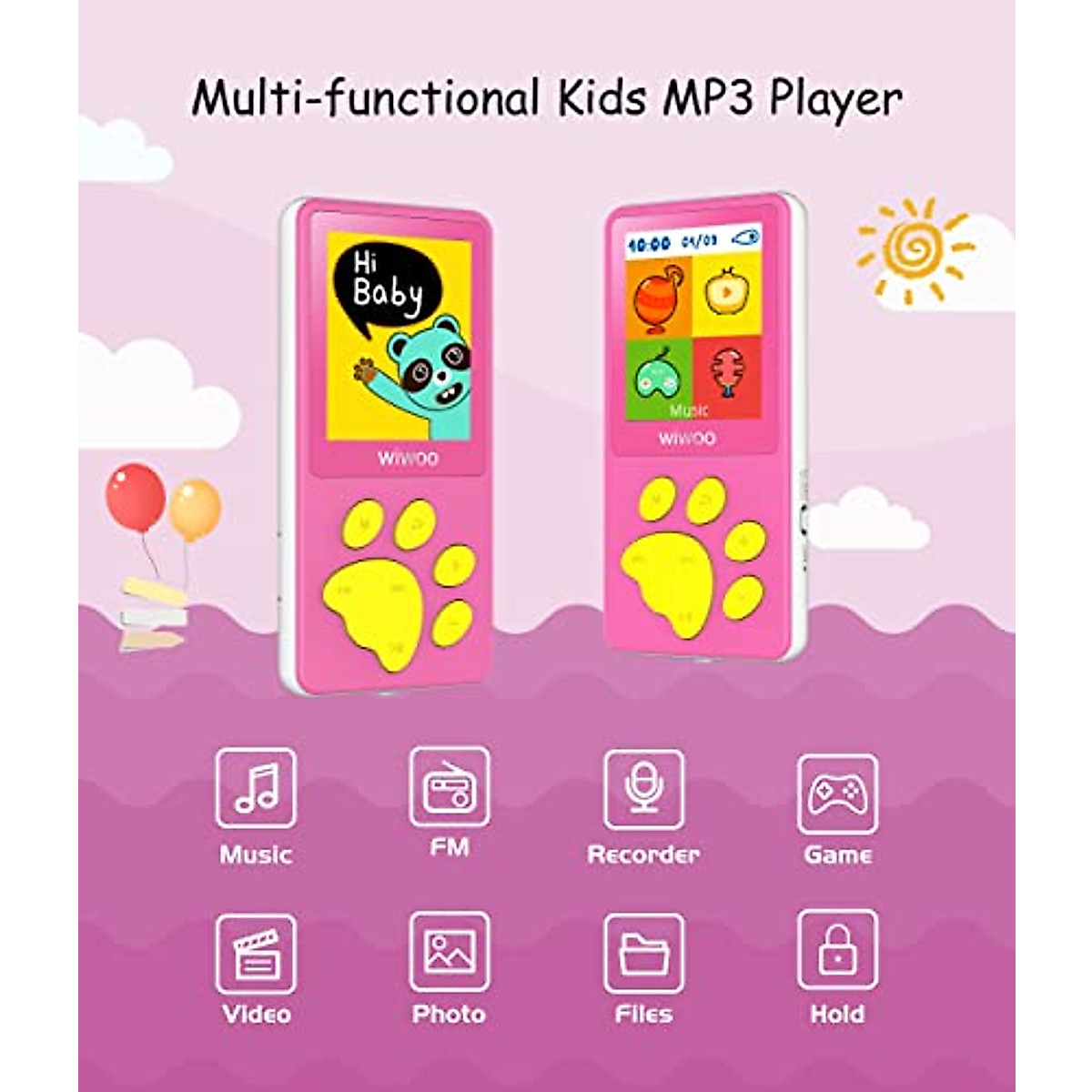 MP3 Player for Kids, Wiwoo 1.8" Portable Music Player with FM Radio Video Games Voice Recorder and Headphone, 8GB Children Cartoon Bear Paw Media Player Expandable Up to 128GB (Pink)