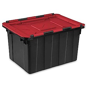 Sterilite 12 Gal Hinged Lid Industrial Tote, Stackable Storage Bin with Hinge Lid, Plastic Container to Organize Basement, Black with Red Lid, 1-Pack