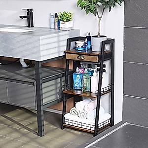 keomaisyto 3-Tier Bathroom Ladder Shelf, Bathroom Floor Storage Shelf with Drawer, Freestanding Tower Shelf, Open Shelving Unit for Bathroom Living Room Balcony