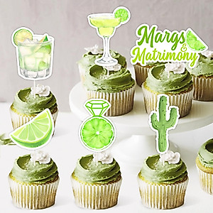 JOYMEMO 24 Pcs Margs & Matrimony Bachelorette Cupcake Toppers - Green Margarita Bridal Shower Decorations, Margaritas and Matrimony Bridal Shower Cake Decor for Mexican Fiesta Wedding Party
