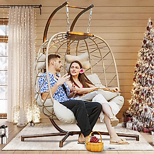 NICESOUL® Indoor Outdoor 2 Person Egg Chair Double Swing Chair with Stand Large Cream Wicker Patio Twins Basket Hanging Egg Chair with Cover 510lbs Capacity for Bedroom Balcony Oversized