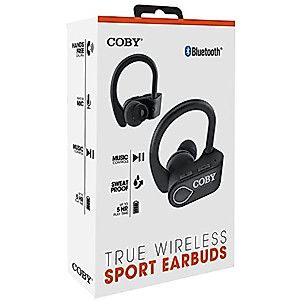 Coby Sports True Wireless Earbuds | Ear Buds Wireless Bluetooth Earbuds | 5 Hour Battery Life, Automatic Bluetooth 5.0 Pair, Sweatproof for Gym, Running, Workout, Exercise | iPhone & Android (Black)