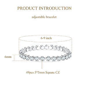 Square Cubic Zirconia Open Adjustable Cuff Bracelet for Women Men, White Gold Plated Personalized CZ Tennis Bracelet and Rhinestone Anklets Chain (Square CZ Bracelet)