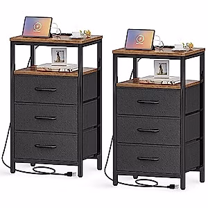 Huuger Nightstands Set of 2, 27.6 Inch End Tables with Charging Station, Side Tables with Fabric Drawers, Bedside Tables with USB Port and Outlet, Night Stands for Bedroom, Living Room, Rustic Brown