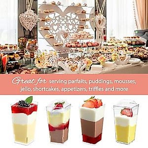 Zezzxu 3 oz Mini Plastic Dessert Cups with Lids and Spoons, 50 Pack Square Dessert Shot Glasses Shooter Cups for Appetizers Parfaits Mousse Trifle Fruit Pudding