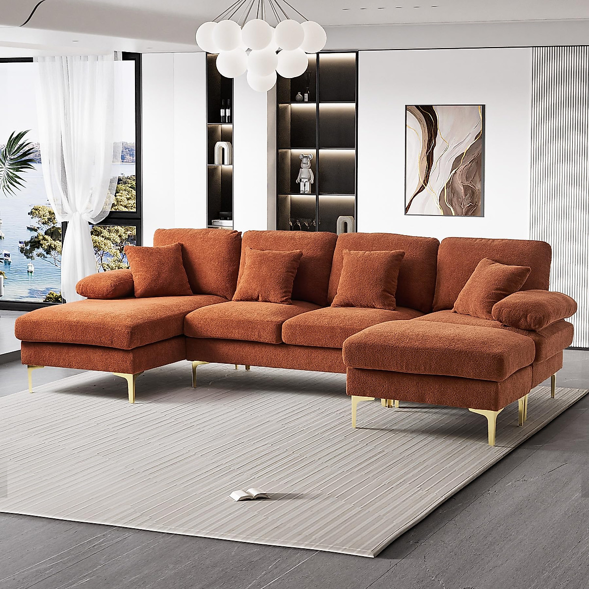 OUYESSIR 110" U Shaped Sectional Sofa Couch for Living Room, 4 Seater Sofa Convertible L-Shaped Chenille Couch Set with Chaise Lounge, Ottoman and Pillows, Orange