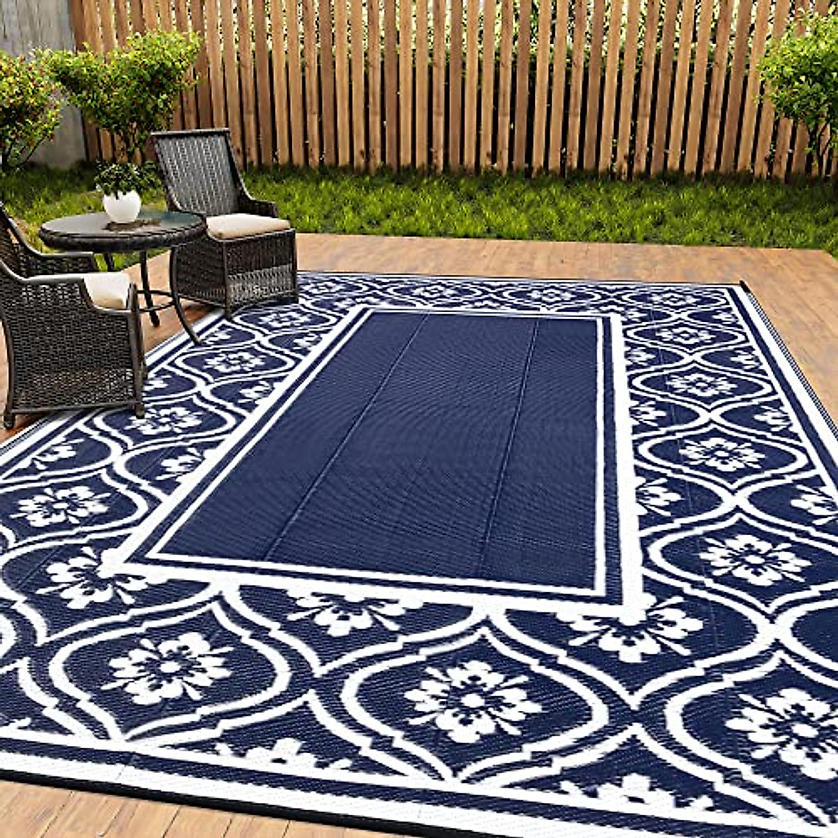 HUGEAR RV Outdoor Rug Waterproof Mat Outdoor Rugs 6'x9' for Patios Clearance Carpet Outdoor Camping Rugs Large Plastic Straw Rug (Lantern Navy Blue&White)