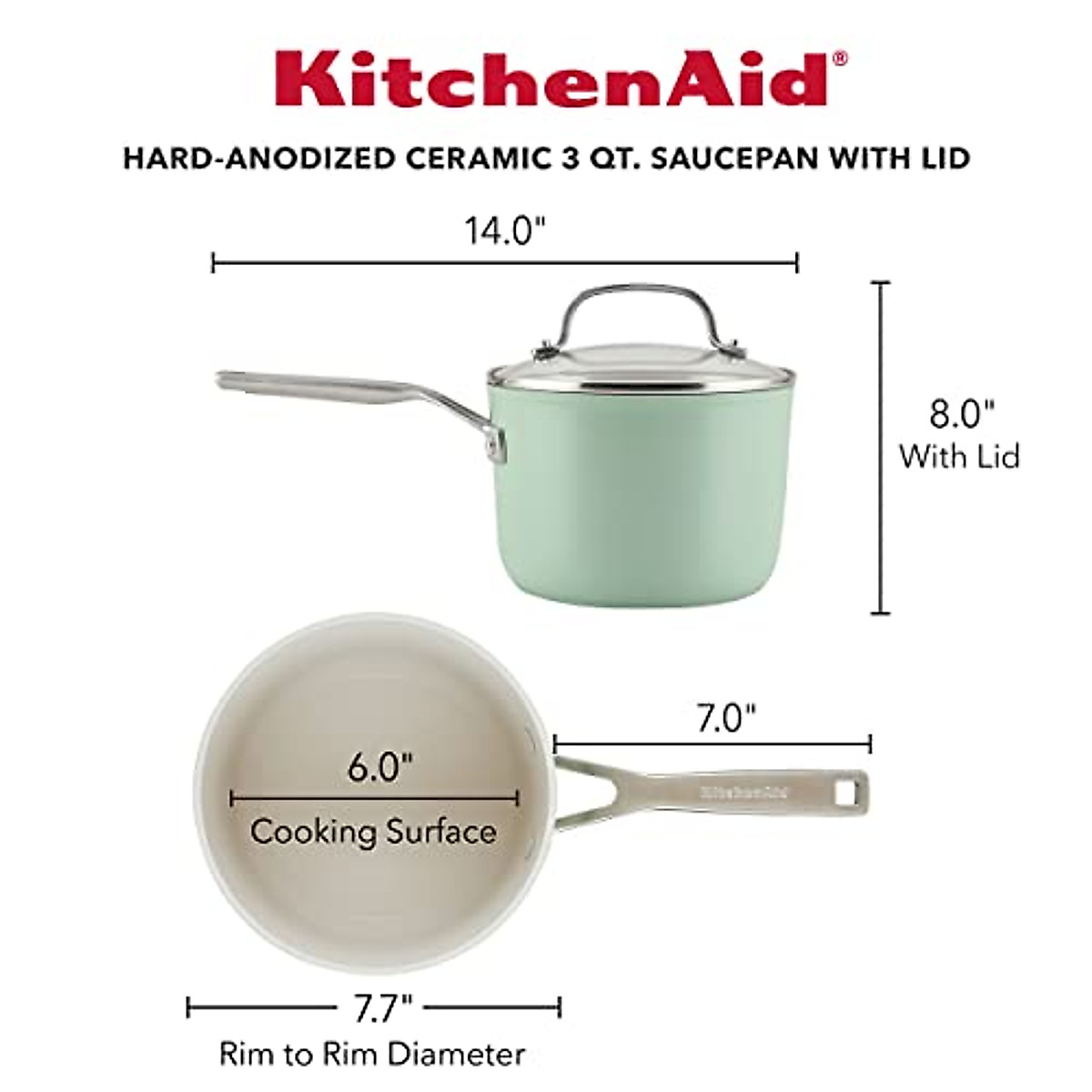 KitchenAid Hard Anodized Ceramic Nonstick Cookware Sauce Pan with Lid, 3 Quart, Pistachio