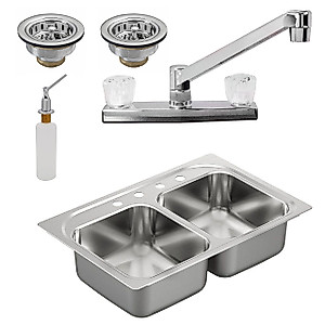 Westbrass D33228KIT-26 33" Double Bowl Stainless Steel Kitchen Sink Kit with 2-Handle Faucet, Soap Dispenser and Drain Strainers, Polished Chrome