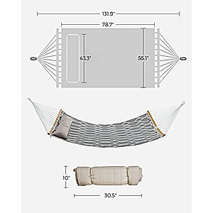 SONGMICS Hammock, Quilted Hammock with Curved Bamboo Spreaders, Pillow, 78.7 x 55.1 Inches, Portable Padded Hammock Holds up to 495 lb, Gray and Beige Rhombus UGDC034G02