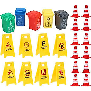 NUOBESTY Mini Traffic Signs Set, Plastic Street Signs Playset Traffic Cones Yellow Warning Sign Garbage Can Toy Safety Education Toy for Kids 25pcs